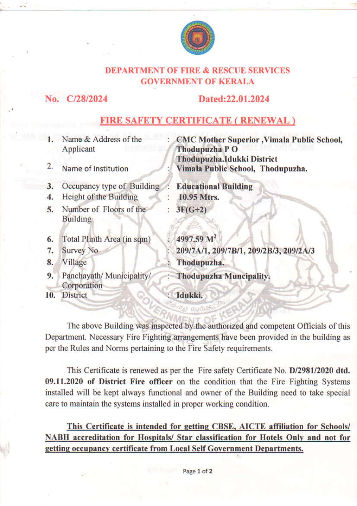 FIRE SAFETY CERTIFICATE – Vimala Public School, Thodupuzha