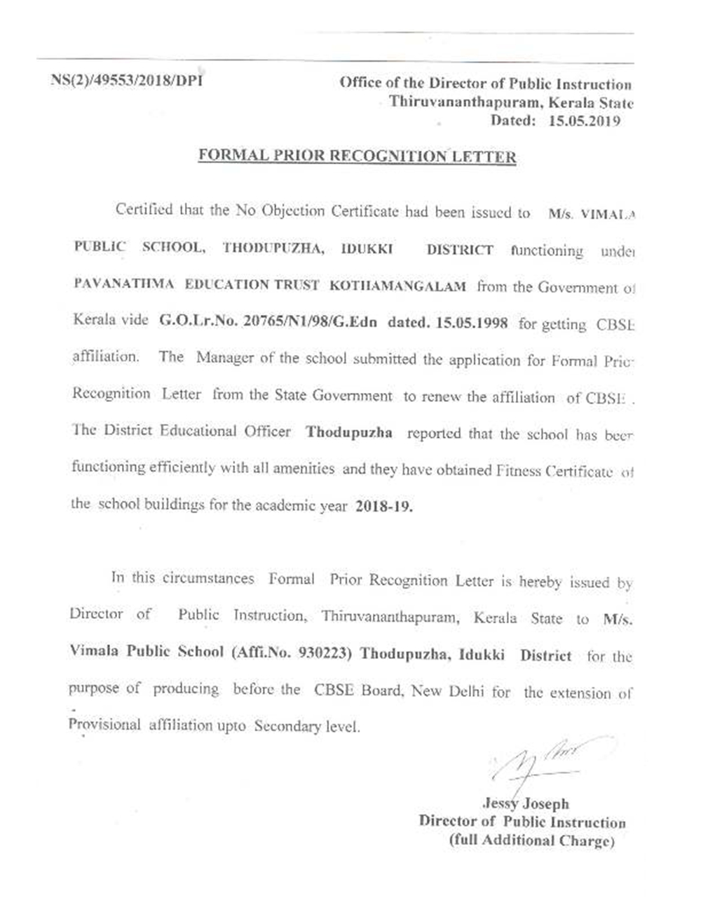 recognition letter – Vimala Public School, Thodupuzha
