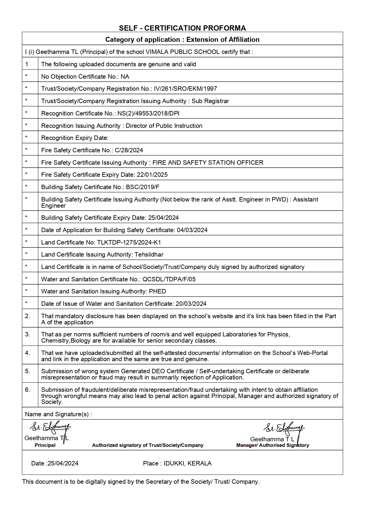 Self certification of the school for affiliation extension 2024-2030 ...