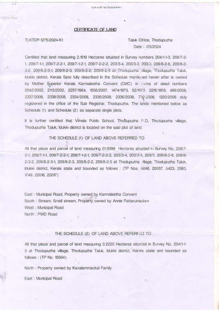 Land Certificate – Vimala Public School, Thodupuzha