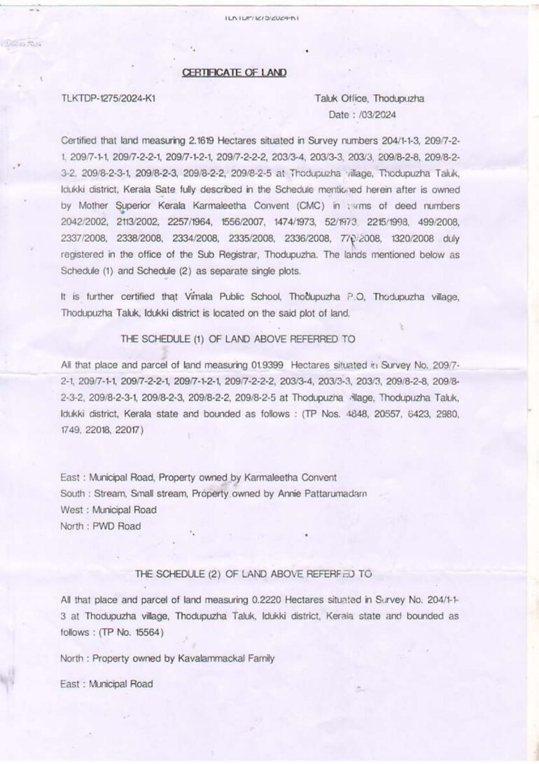 Land Certificate – Vimala Public School, Thodupuzha