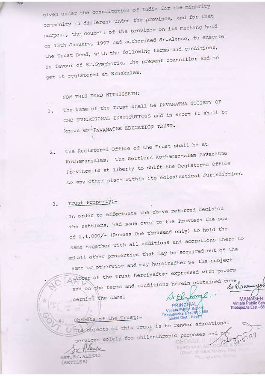 Trust Deed – Vimala Public School, Thodupuzha