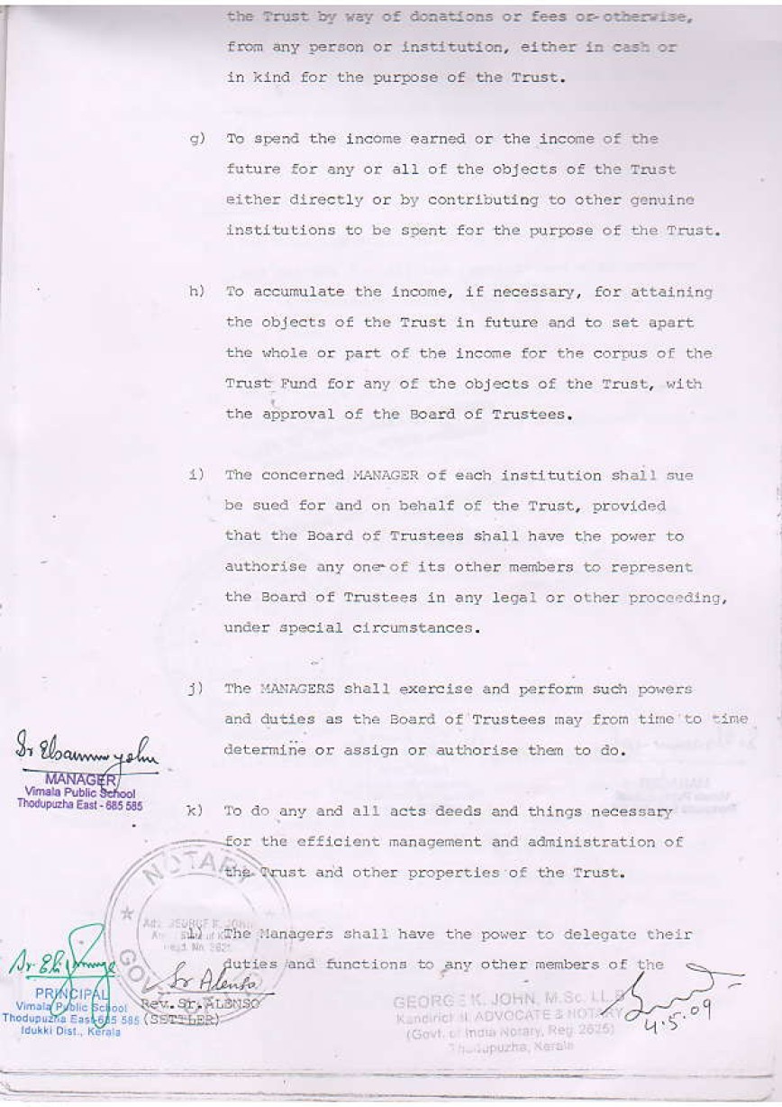 Trust Deed – Vimala Public School, Thodupuzha
