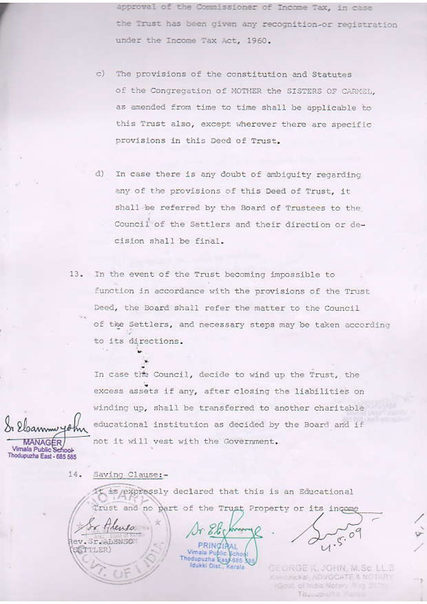 Trust Deed – Vimala Public School, Thodupuzha